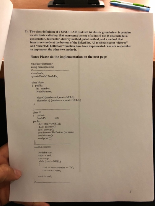 Solved The class definition of a SINGULAR Linked List class | Chegg.com