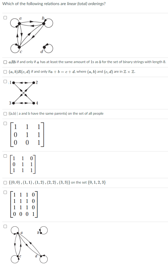Solved A linear order is also known as connex so which of | Chegg.com