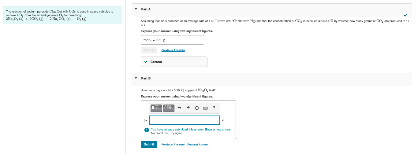 Solved Part A The reaction sodium peroxide (Na2O2) with CO2 | Chegg.com
