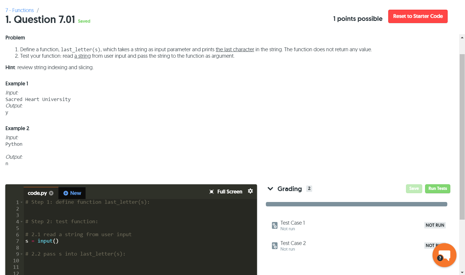 Solved Problem Define a function, last_letter(s), which | Chegg.com