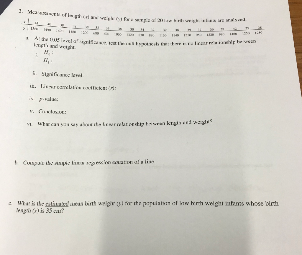 Solved 3. Measurements of length (x ) and weight ) for a | Chegg.com