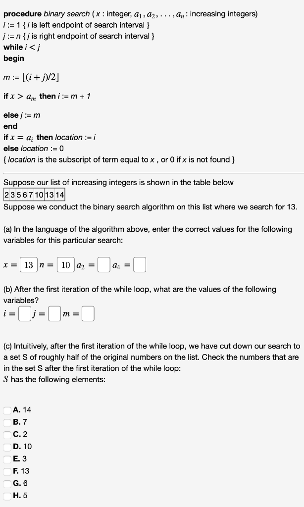 Solved procedure binary search (x: integer, aj, a2, ..., an: | Chegg.com