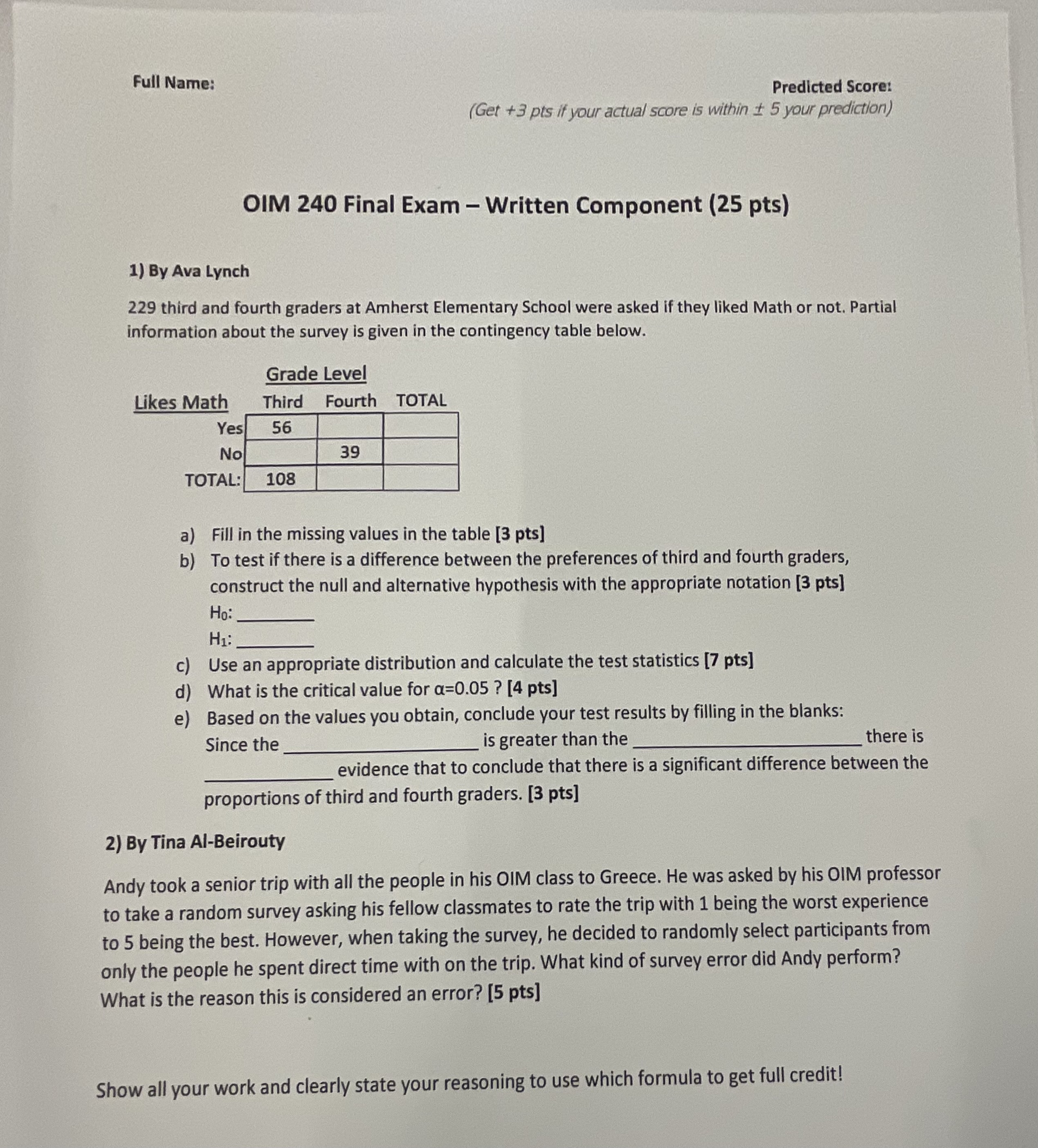Solved Full Name: Predicted Score: (Get +3 pts if your | Chegg.com