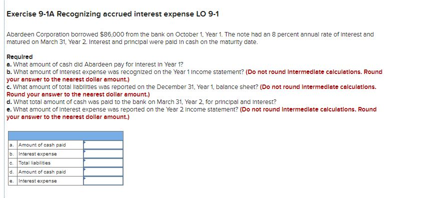 Solved Exercise 9-1A Recognizing accrued interest expense LO | Chegg.com