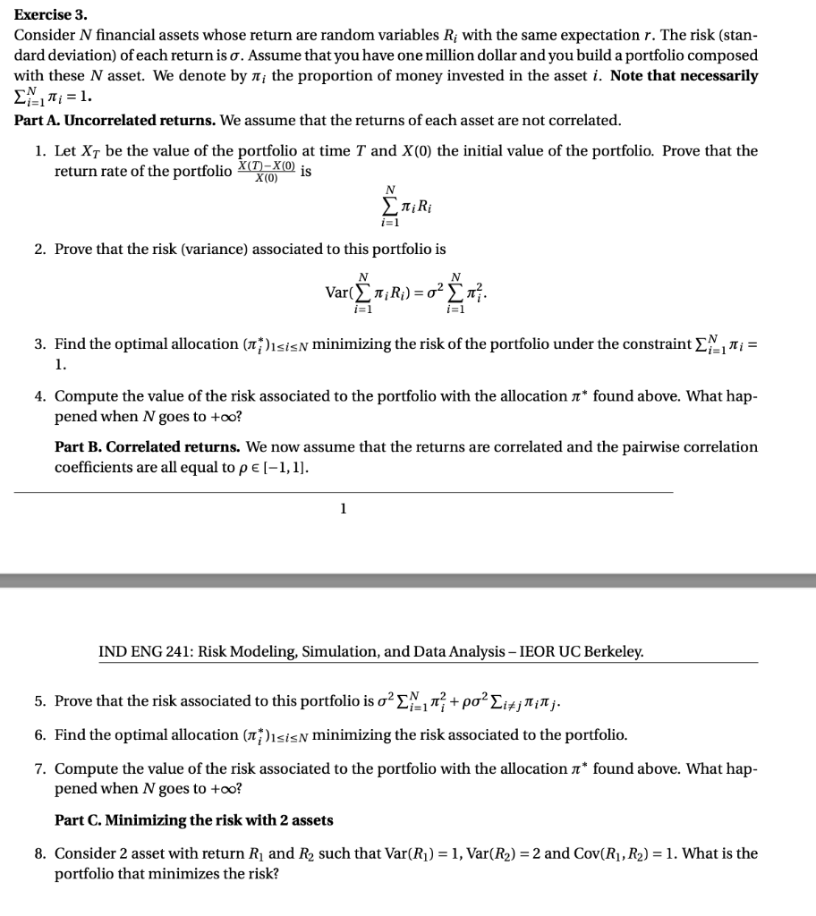 Exercise 3. Consider N financial assets whose return | Chegg.com