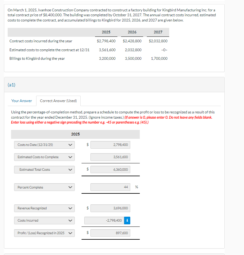Solved Using the percentage-of-completion method, prepare a | Chegg.com