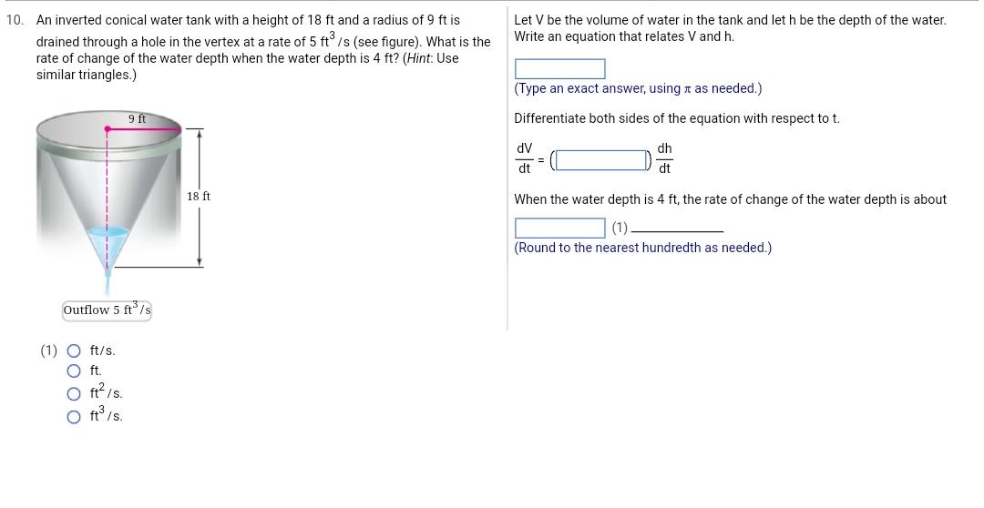 Solved 10. An inverted conical water tank with a height of | Chegg.com