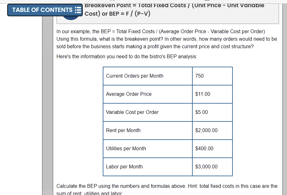 Solved Breakeven Point = Total Fixed Costs / (Unit Price – | Chegg.com