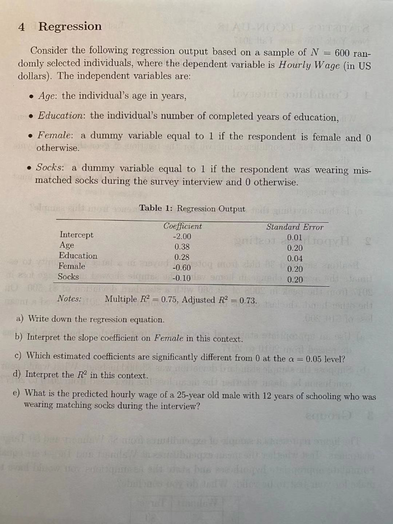 Solved 4 Regression Consider The Following Regression Output 