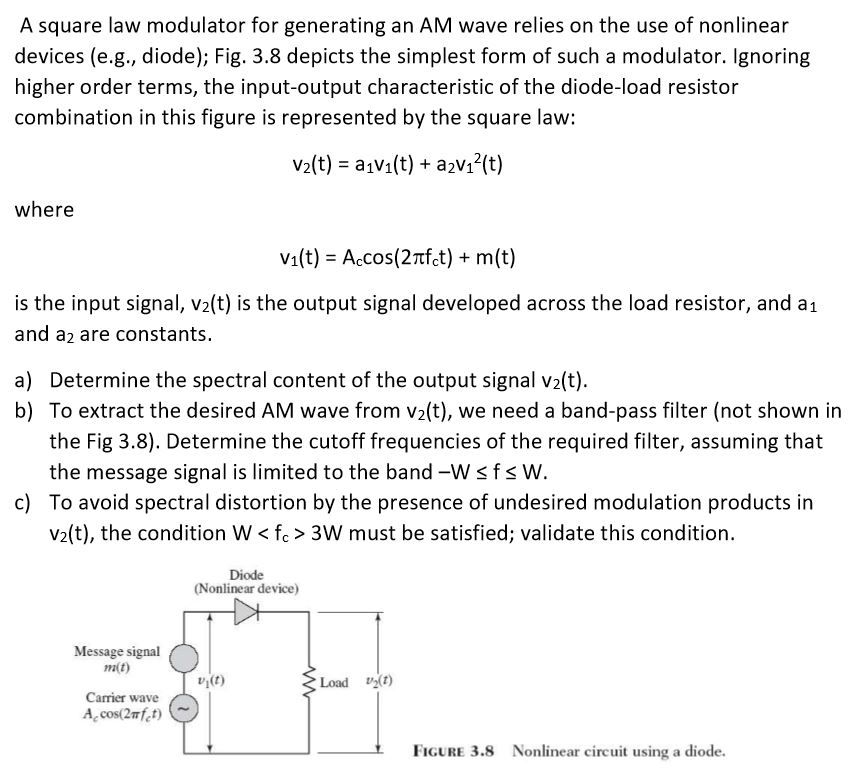 Solved A square law modulator for generating an AM wave | Chegg.com