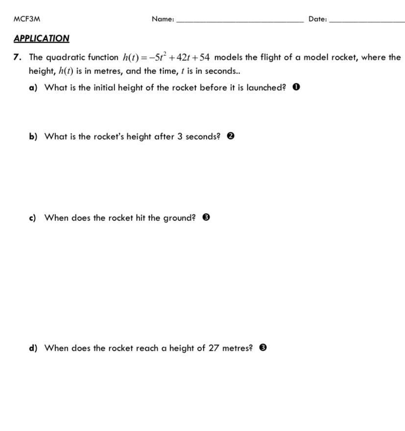Solved MCF3M Name: Date: APPLICATION 7. The quadratic | Chegg.com