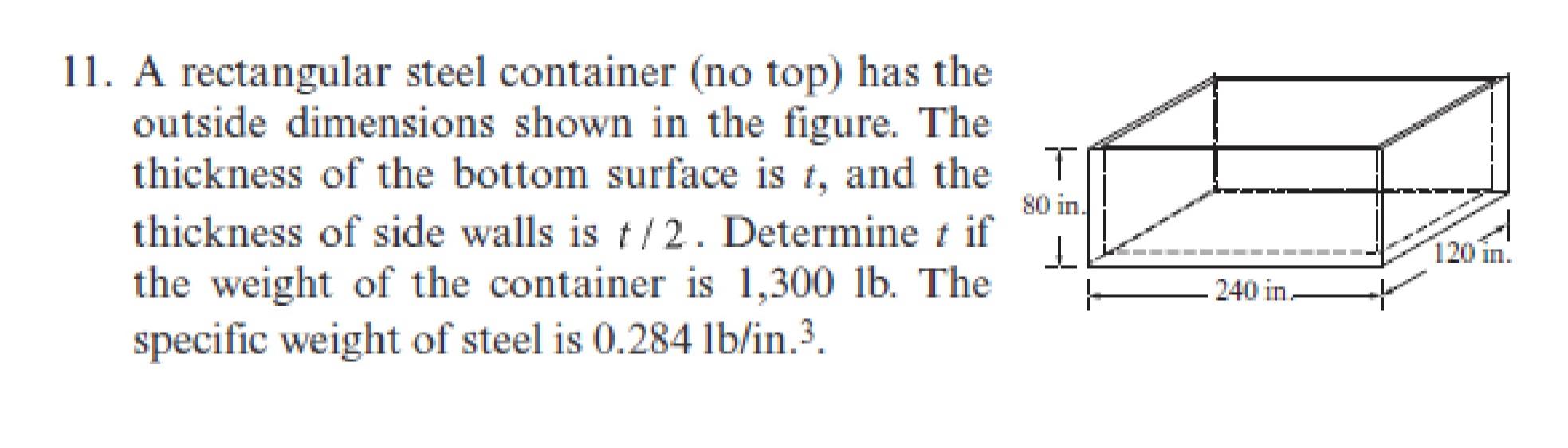 Solved 11. A rectangular steel container (no top) has the | Chegg.com