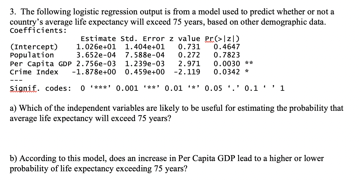 Solved 3. The following logistic regression output is from a | Chegg.com