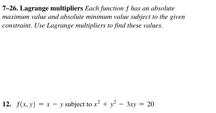Solved 7–26. Lagrange multipliers Each function f has an | Chegg.com