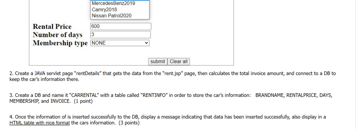 Solved Q#2: Build JAVA web application for a car rental | Chegg.com