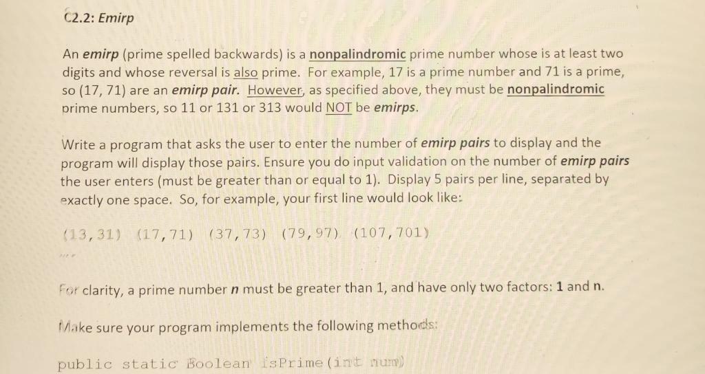 Solved An emirp (prime spelled backwards) is a | Chegg.com