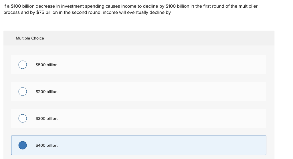 Solved If a $100 billion decrease in investment spending | Chegg.com