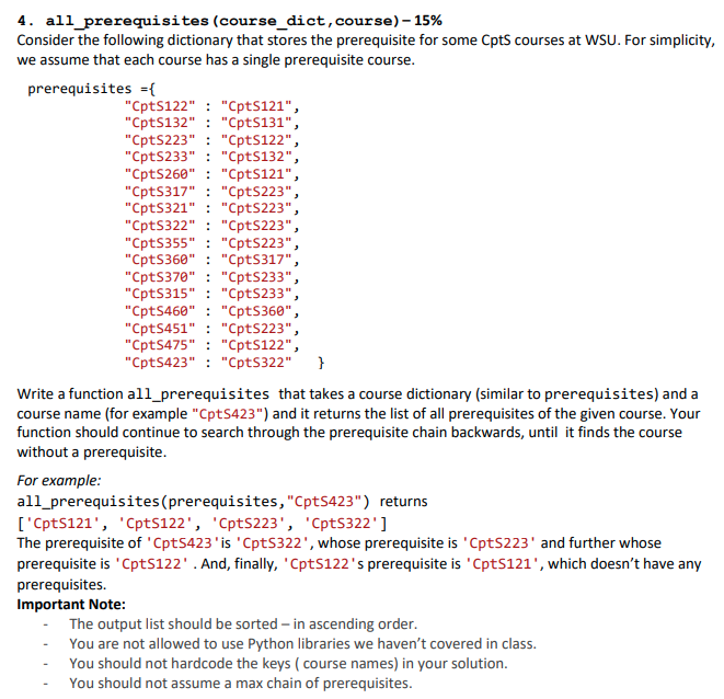 Solved 4. al1_prerequisites (course_dict, course)-15\% | Chegg.com