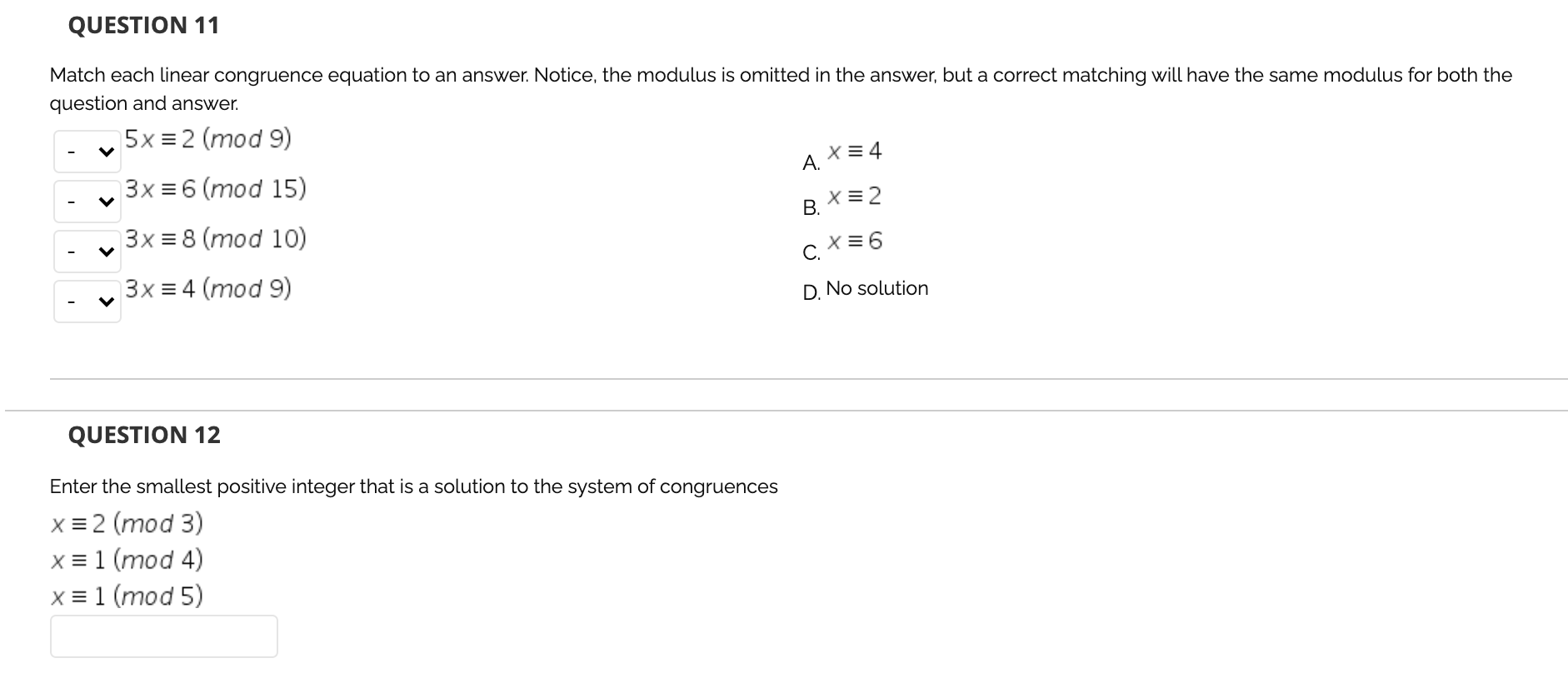 Solved QUESTION 11 Match each linear congruence equation to | Chegg.com