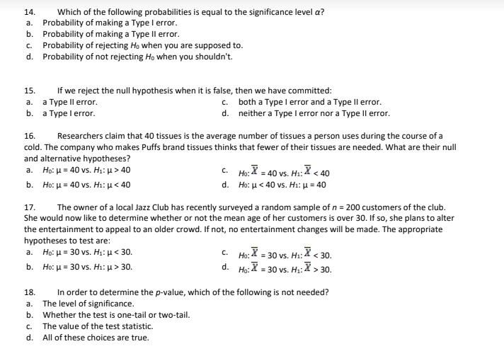 Solved 14. a. Probability of making a Type I error b. | Chegg.com