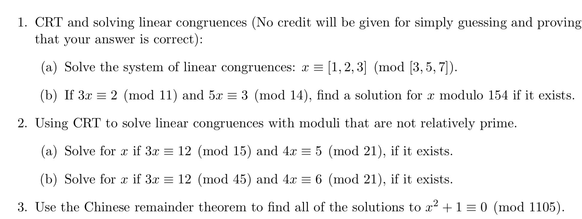 Solved 1. CRT and solving linear congruences (No credit will | Chegg.com