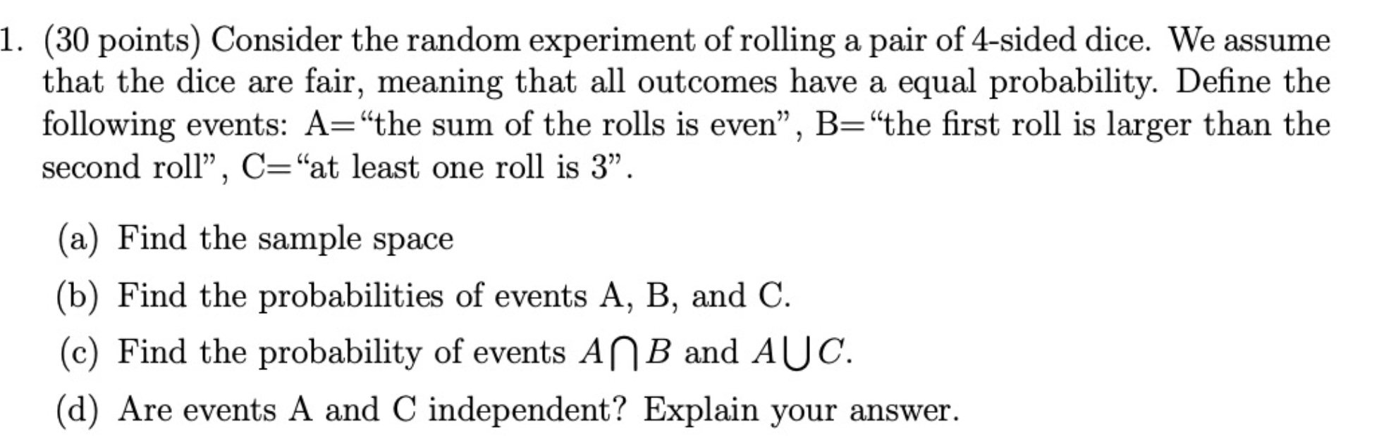 Solved 1. (30 points) Consider the random experiment of | Chegg.com