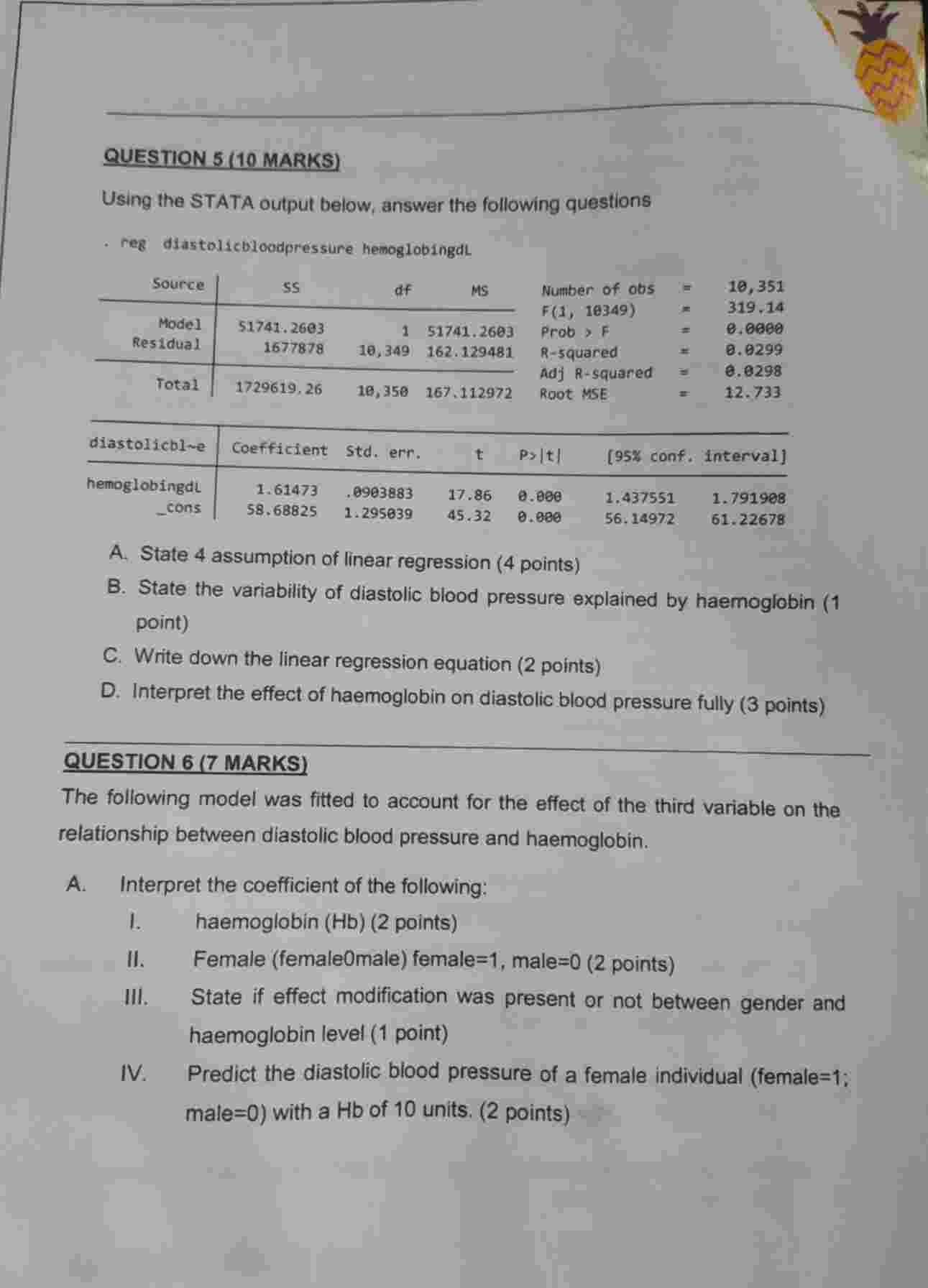 Solved QUESTION 5 (10 ﻿MARKS) ﻿Using the STATA output below, | Chegg.com
