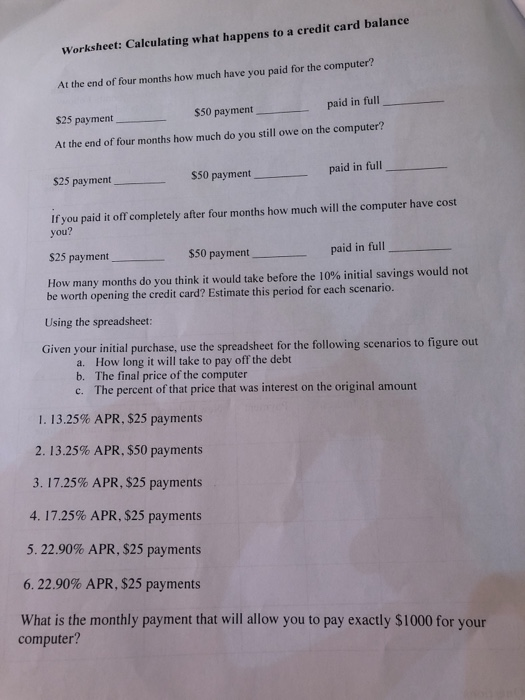 Worksheet: Calculating what happens to a credit card | Chegg.com