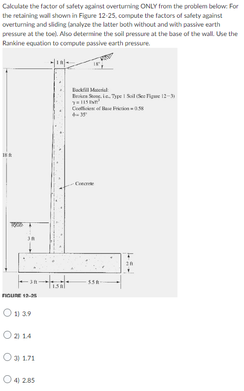 Solved Calculate the factor of safety against overturning | Chegg.com