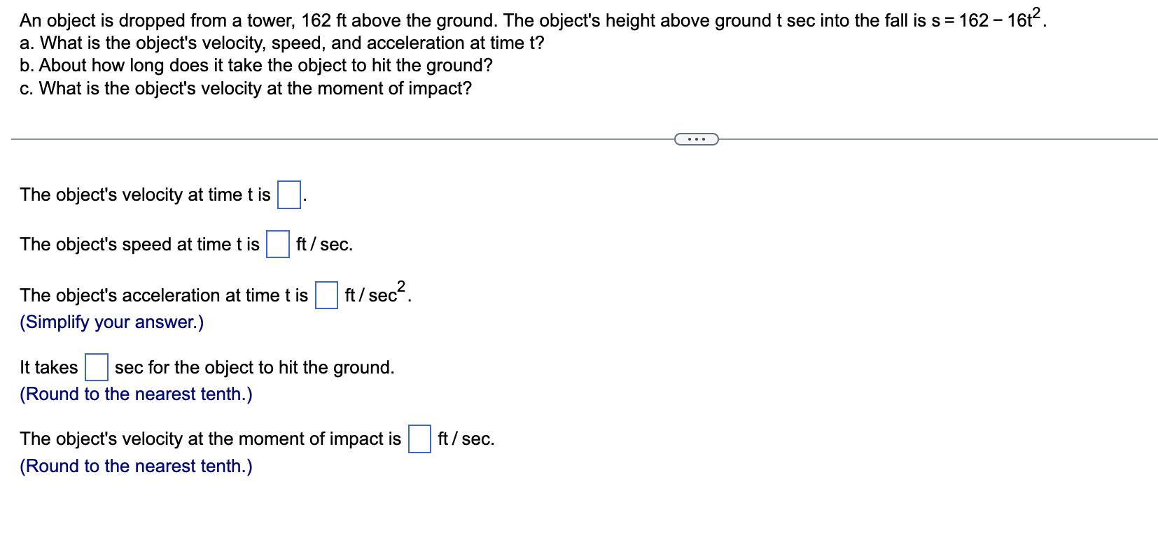 Solved An object is dropped from a tower, 162ft above the | Chegg.com