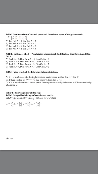 Solved Find the dimensions of the null space and the column | Chegg.com