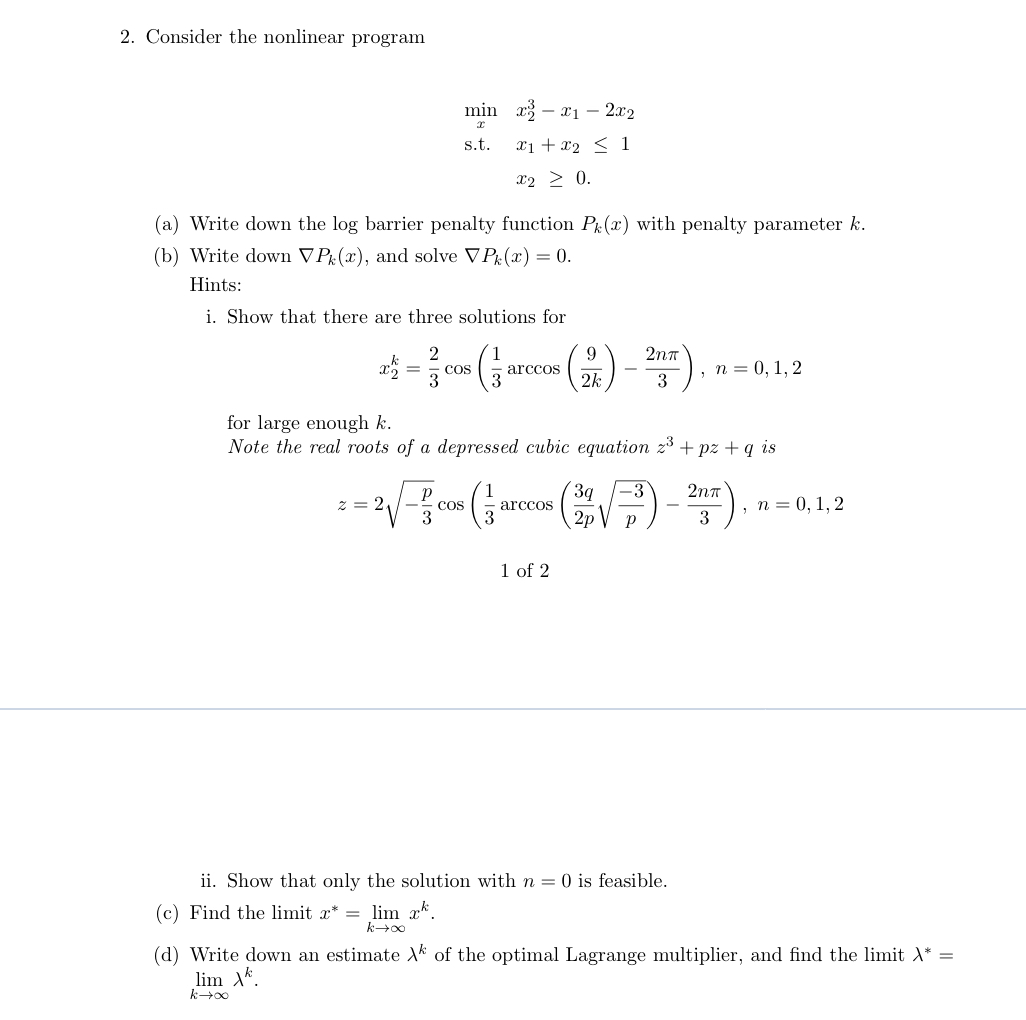 Consider the nonlinear program min x3 x 2 x1 2x2 s.t. | Chegg.com