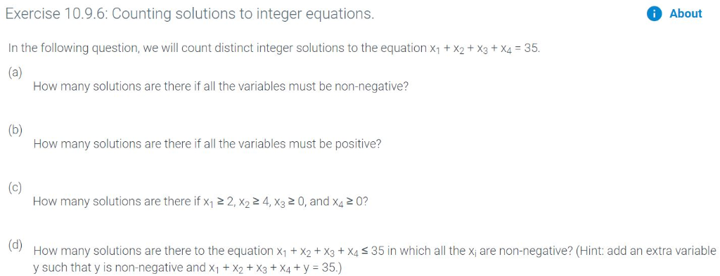 Solved Exercise 10.9.6: Counting solutions to integer | Chegg.com