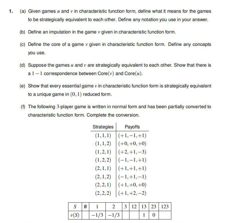 Solved (a) Given games u and v in characteristic function | Chegg.com