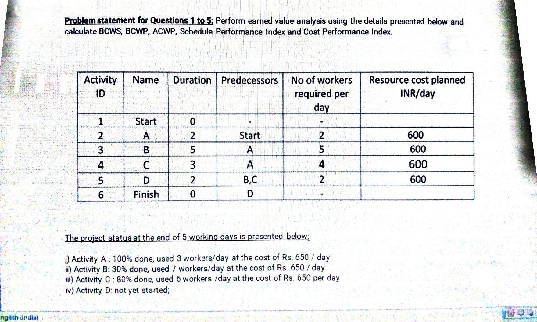 Solved 4) ACWP at the project level as on status date:a) | Chegg.com