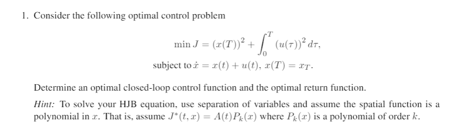 1. Consider the following optimal control problem min | Chegg.com