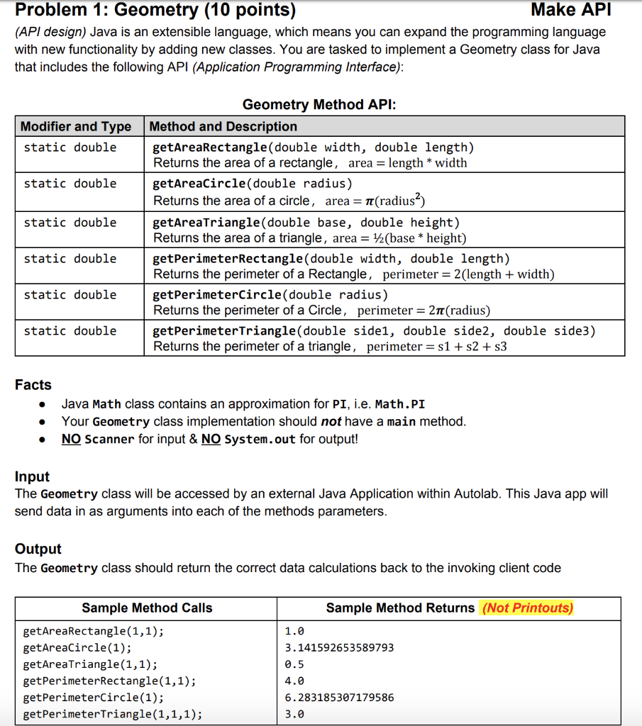 Solved Problem 1: Geometry (10 points) Make API (API design) | Chegg.com