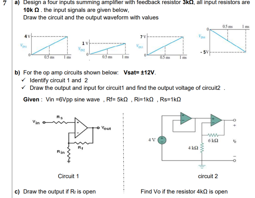 Solved 7 a) Design a four inputs summing amplifier with | Chegg.com