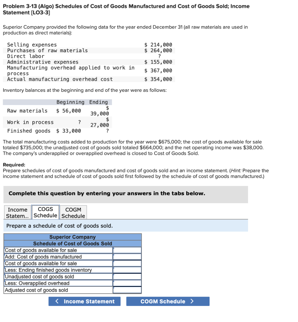 Solved Problem 3-13 (Algo) Schedules of Cost of Goods | Chegg.com