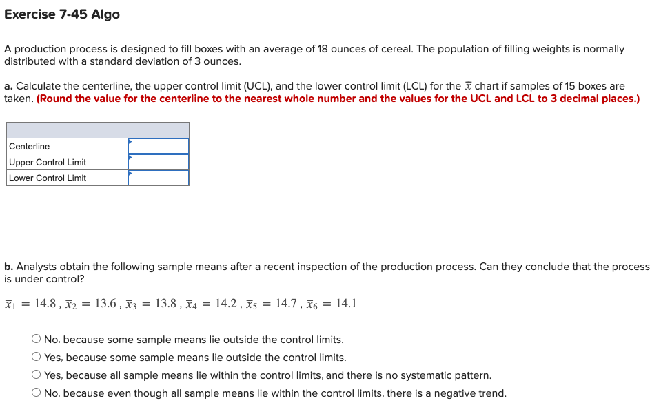 Solved A production process is designed to fill boxes with | Chegg.com