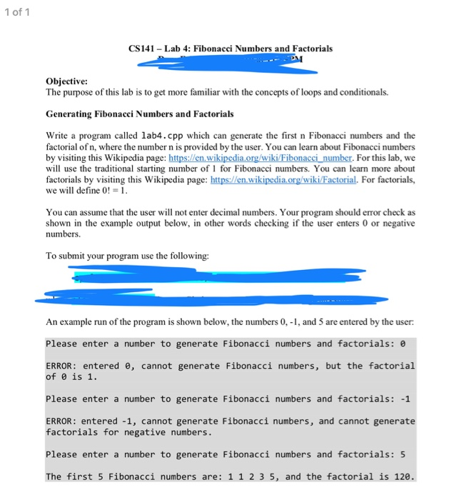 Solved 1 Of 1 Cs141 Lab 4 Fibonacci Numbers And Factorials