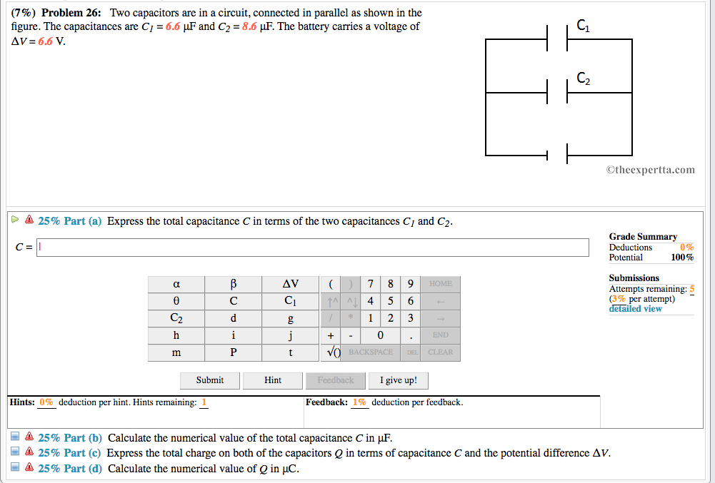 Solved (7%) Problem 26: Two capacitors are in a circuit, | Chegg.com