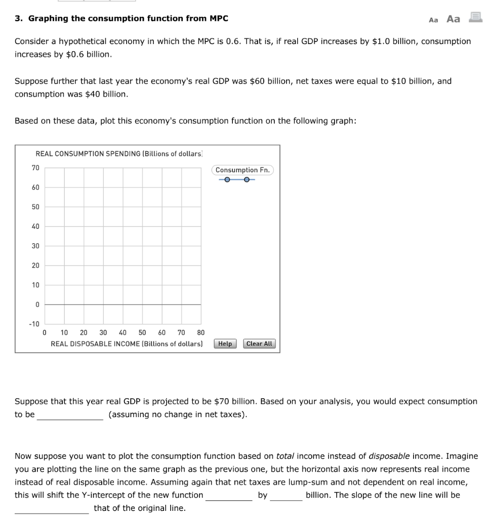 Solved 3. Graphing the consumption function from MPC Aa Aa | Chegg.com