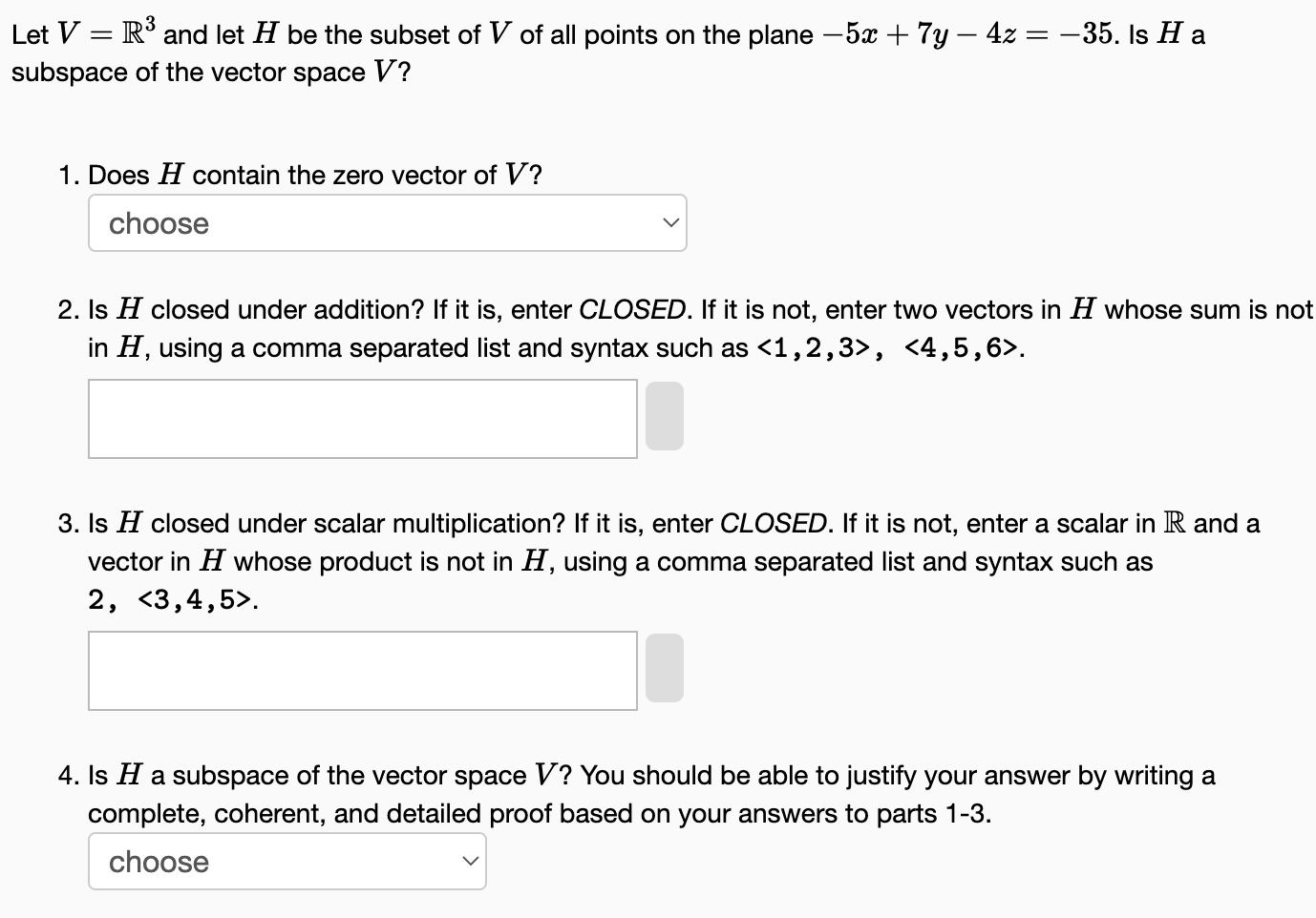 Solved Let V=R3 and let H be the subset of V of all points | Chegg.com