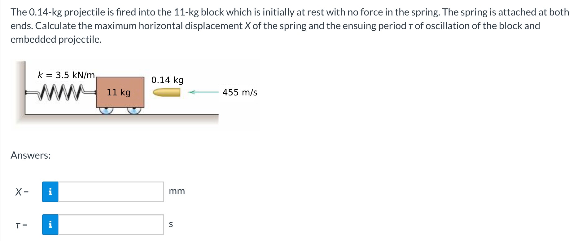 Solved The 0.14−kg projectile is fired into the 11−kg block | Chegg.com