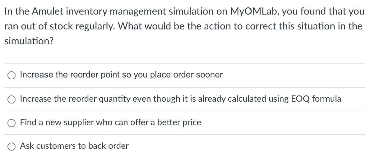 Solved In the Amulet inventory management simulation on | Chegg.com