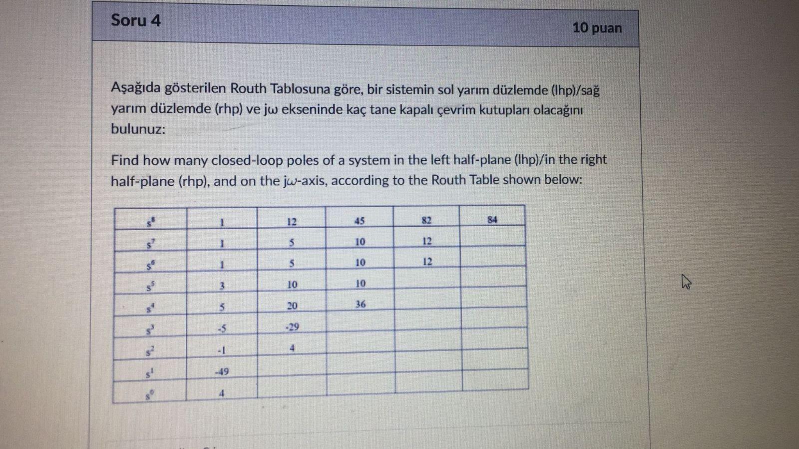 Solved Așağıda gösterilen Routh Tablosuna göre, bir sistemin | Chegg.com