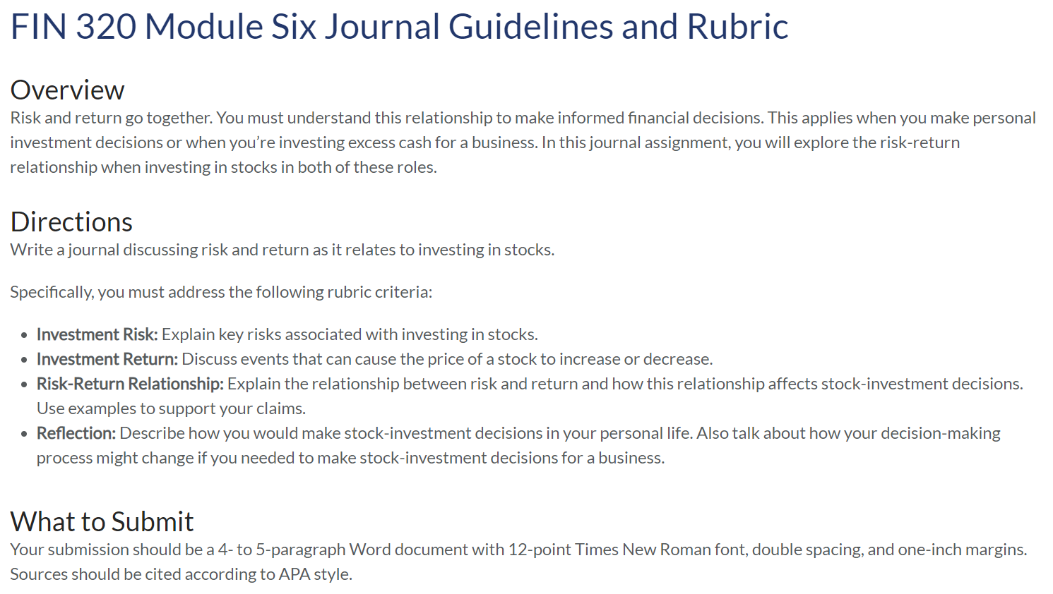 Solved FIN 320 Module Six Journal Guidelines and Rubric | Chegg.com