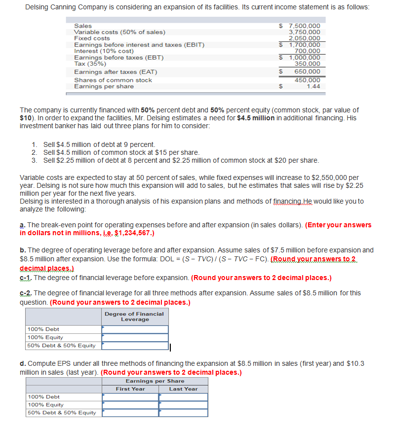 Solved Delsing Canning Company is considering an expansion | Chegg.com