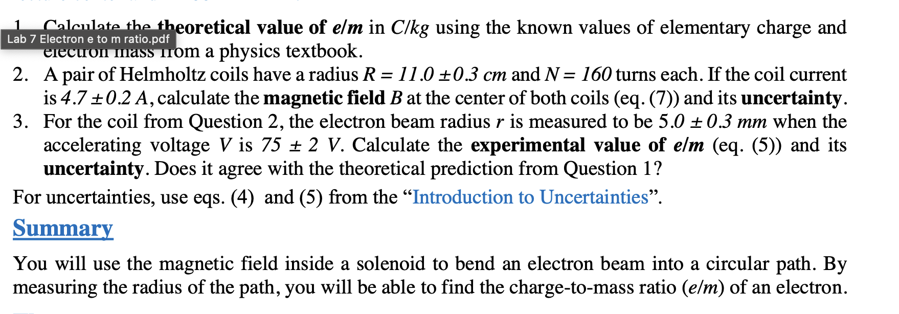 Solved 1 Calculate the theoretical value of e/m in C/kg | Chegg.com